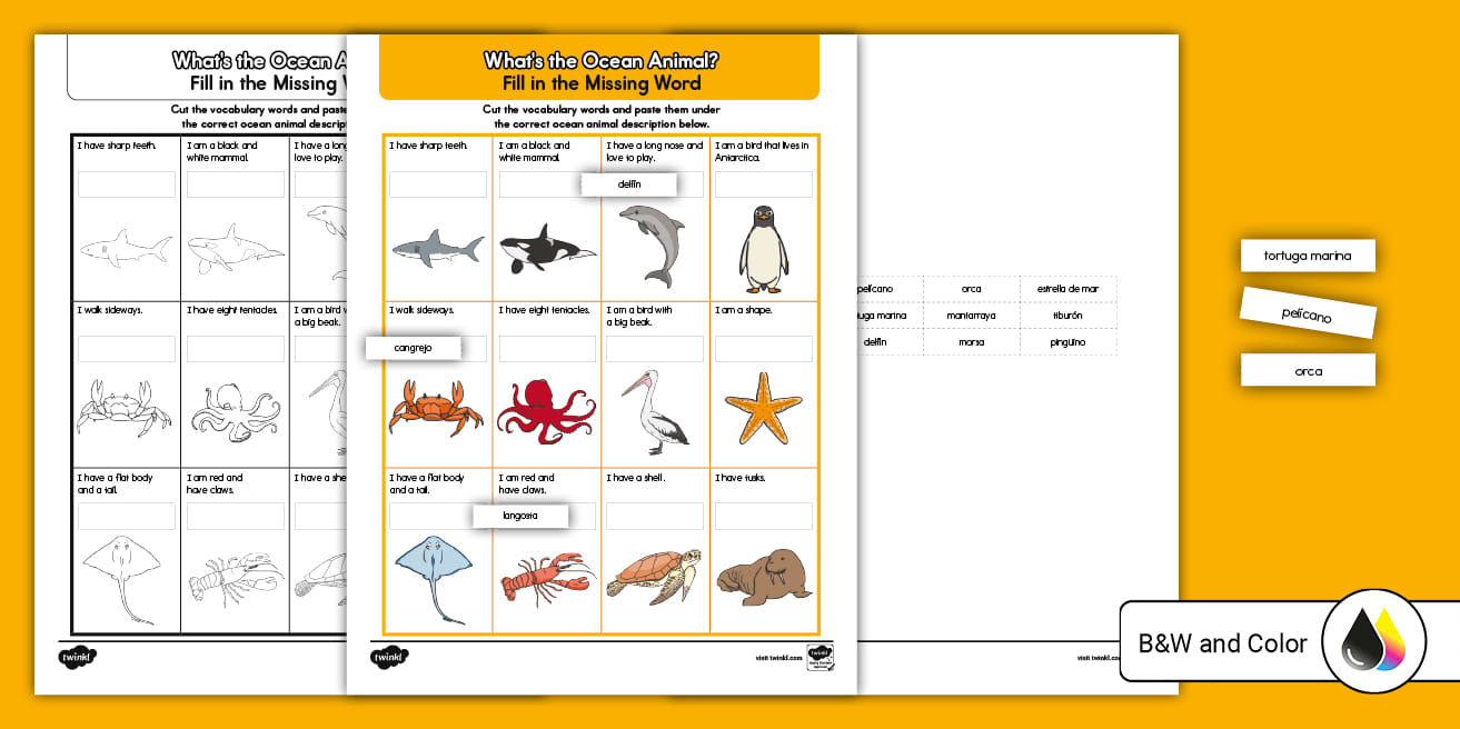 Spanish: What's the Ocean Animal? Fill in the Missing Word Worksheet