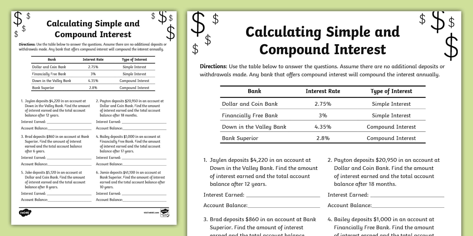 Worksheet on Simple and Compound Interest | Twinkl USA