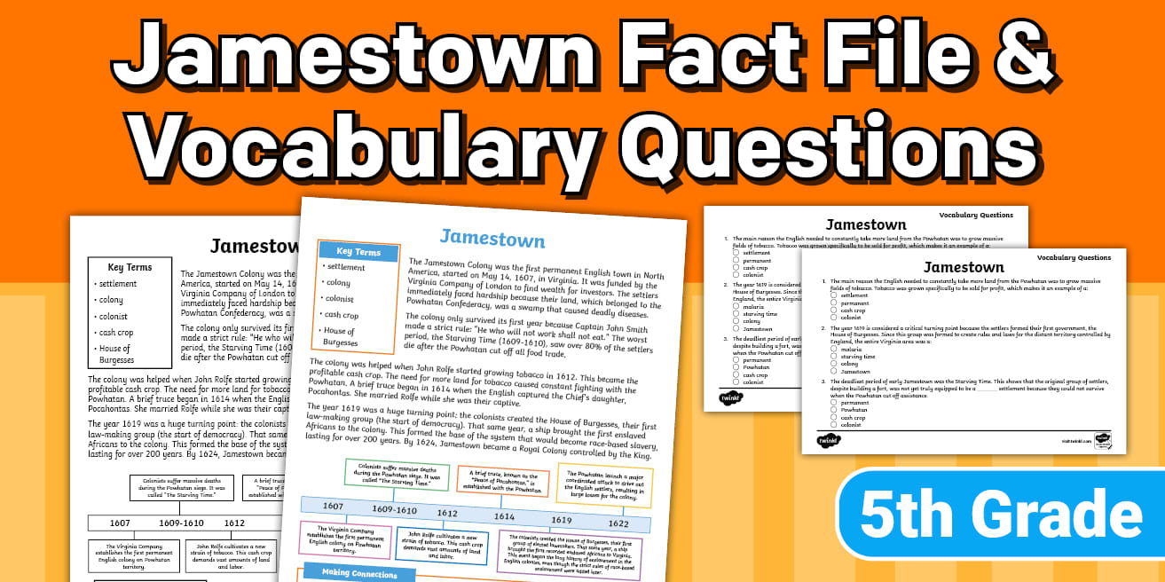 Fifth Grade Jamestown Fact File and Vocabulary Questions