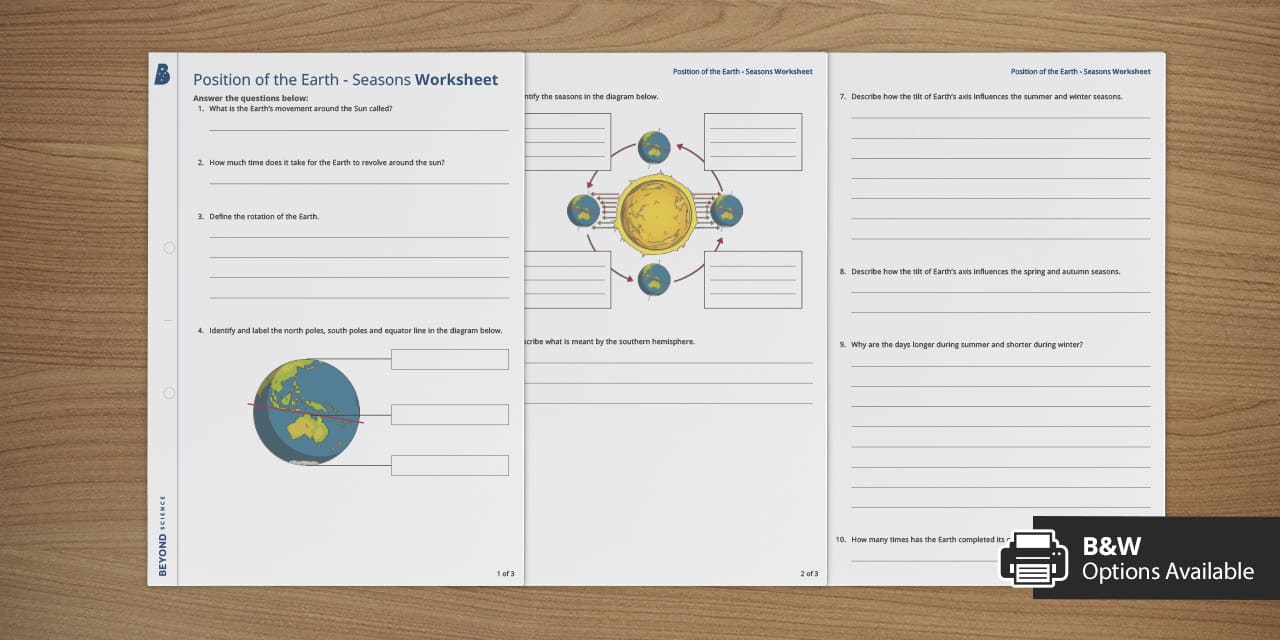 Position of the Earth - Seasons Worksheet