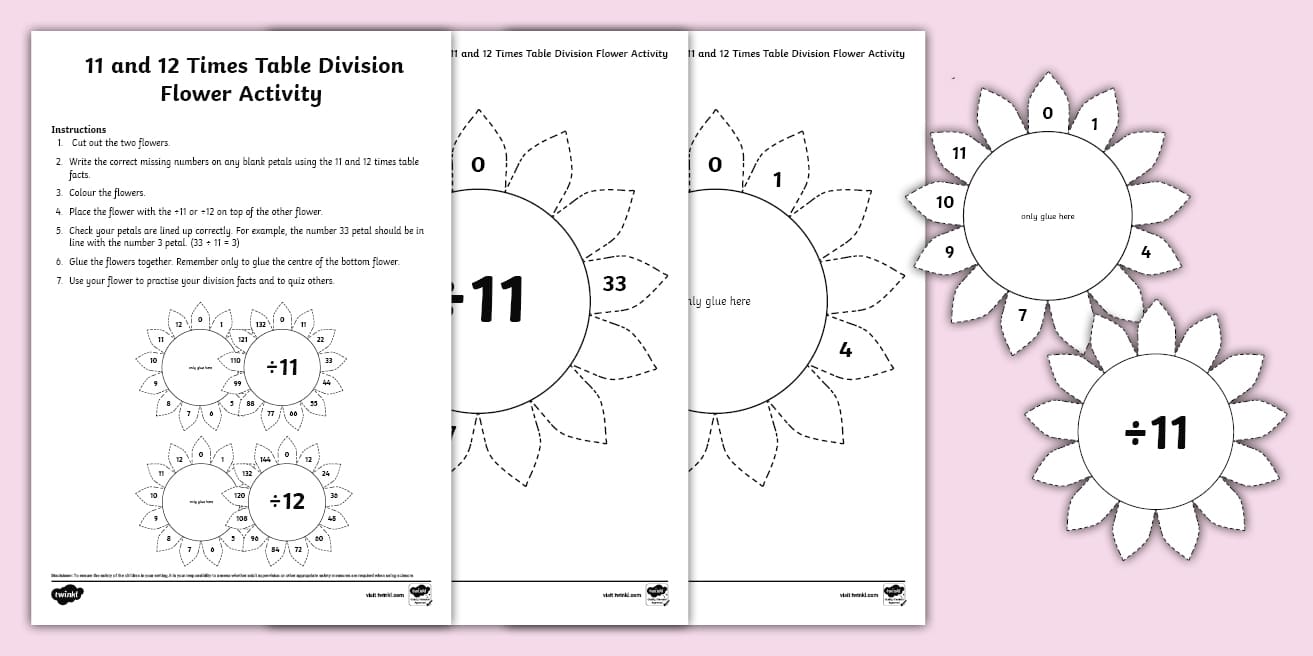 11 and 12 Times Table Division Flower Activity