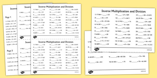 Inverse Multiplication and Division Worksheet for 4th-5th Grade