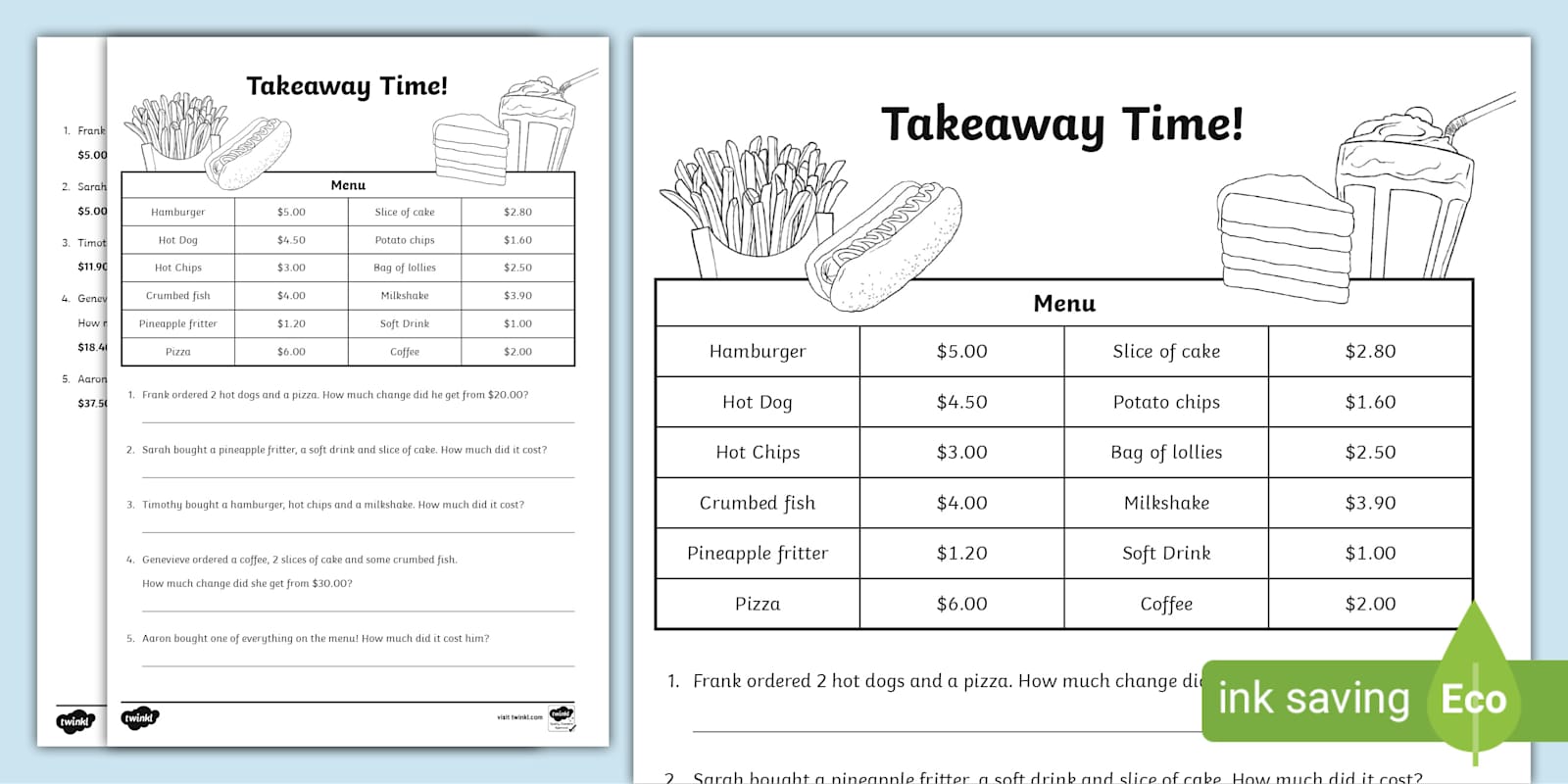 Takeaway Menu Maths Worksheet | Addition and Subtraction