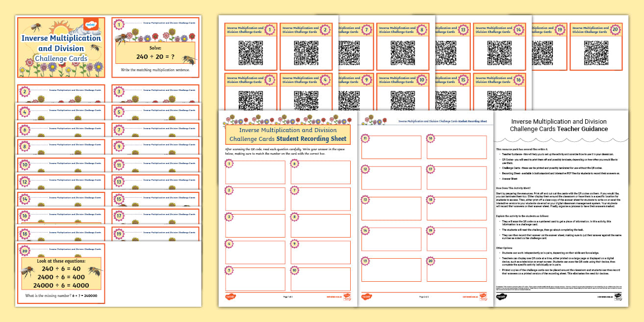 Inverse Multiplication and Division Challenge Cards with QR Codes