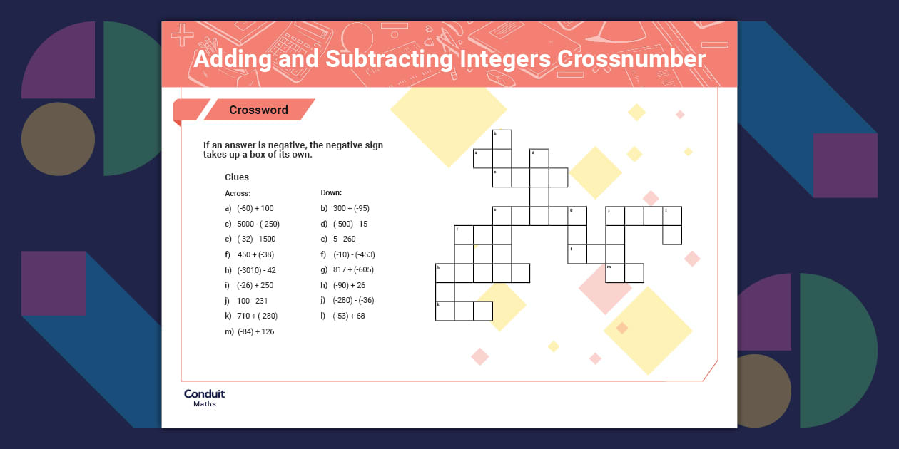 Adding and Subtracting Integers Crossnumber