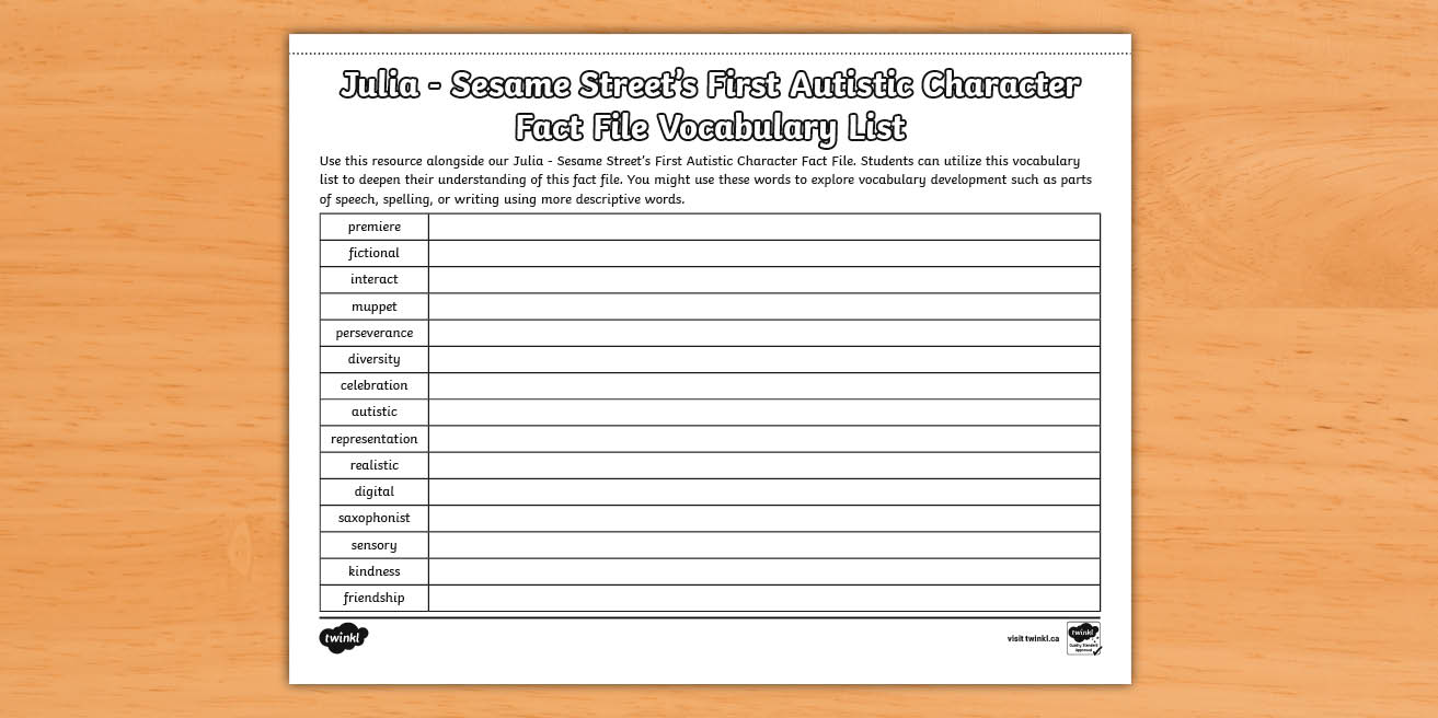 Julia - Sesame Street's First Autistic Character Fact File Vocabulary List