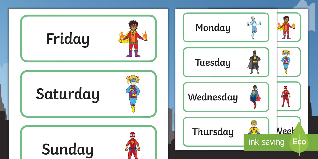 Superhero-Themed Days of the Week Word Cards - week, weekdays, labels ...