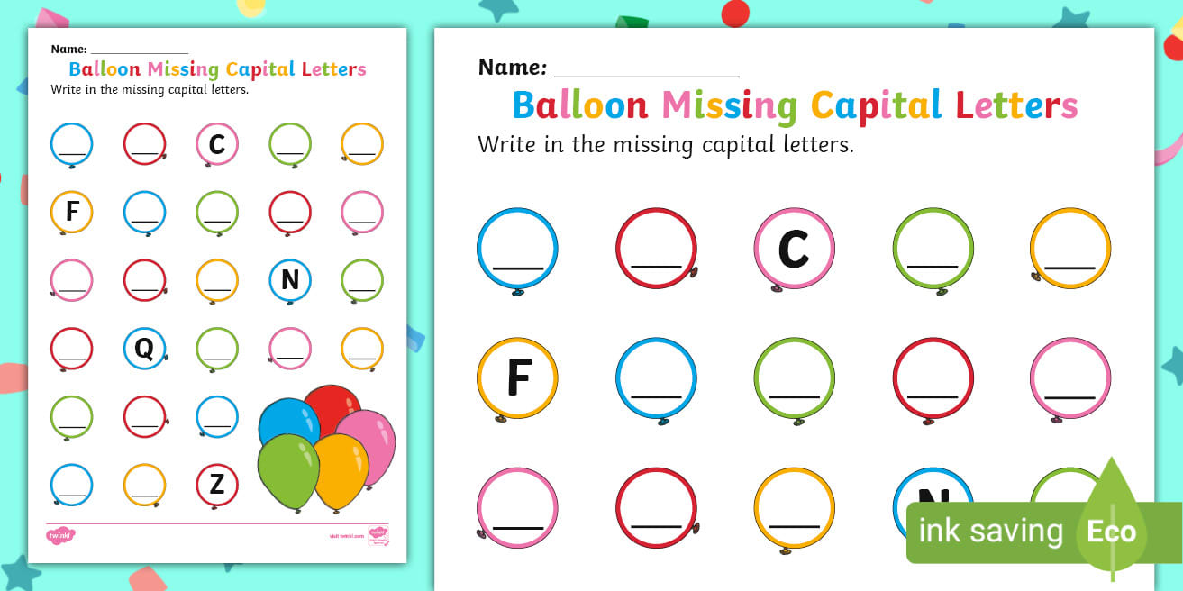 Balloon Missing Capital Letters Worksheet