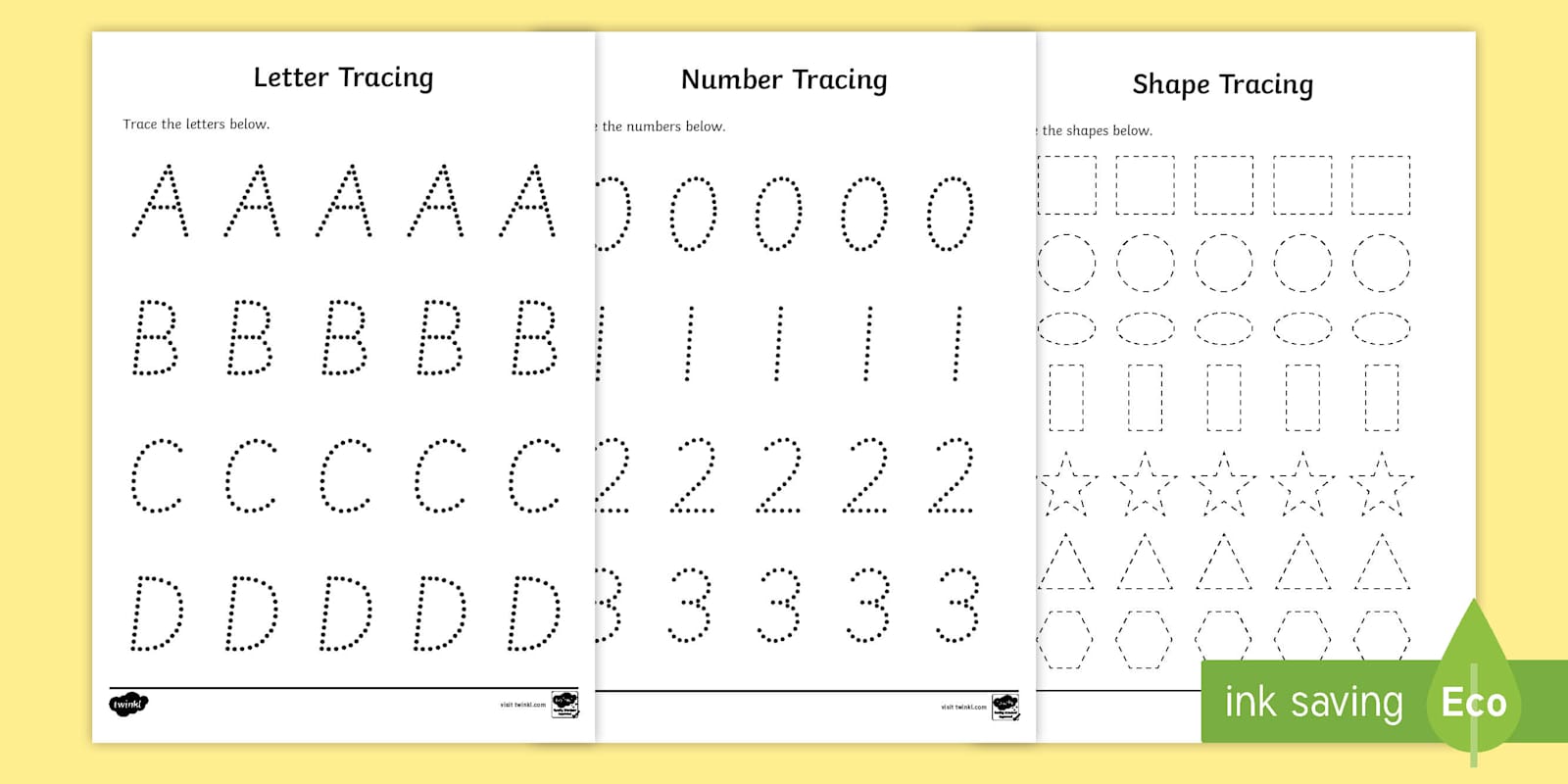 Letters Numbers and Shapes Tracing Worksheet