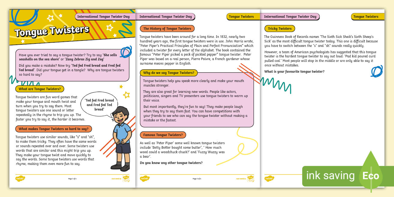 International Tongue Twister Day Reading Comprehension