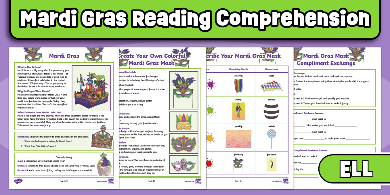 Mardi Gras Reading Comprehension and Activities for ELL