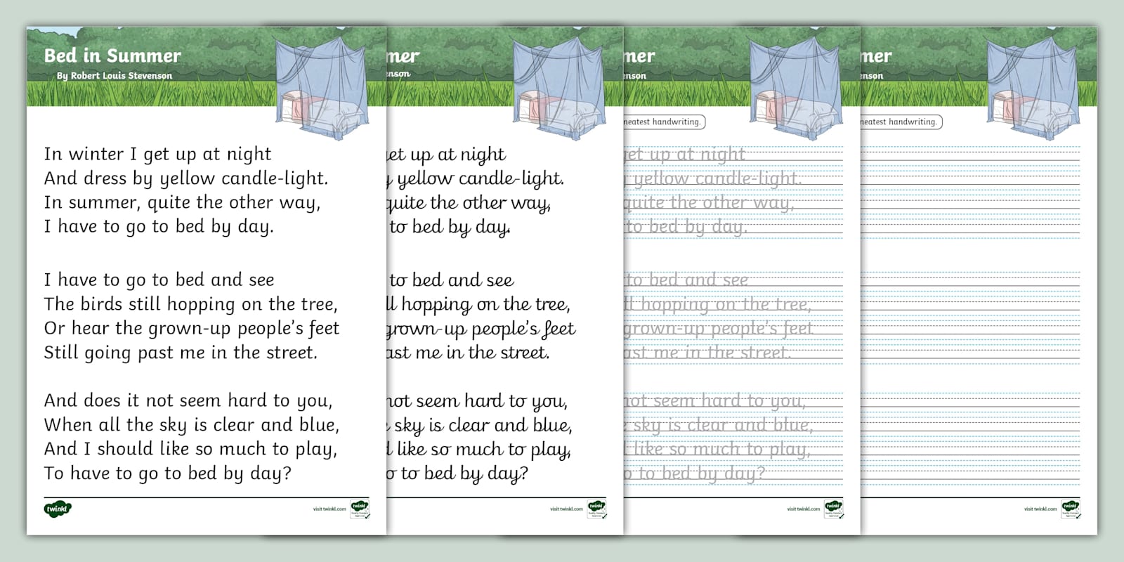 Bed in Summer by Robert Louis Stevenson Handwriting Activity