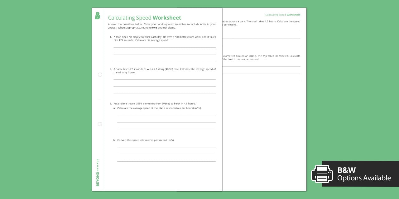Calculating Speed Worksheet - Beyond Secondary - Science