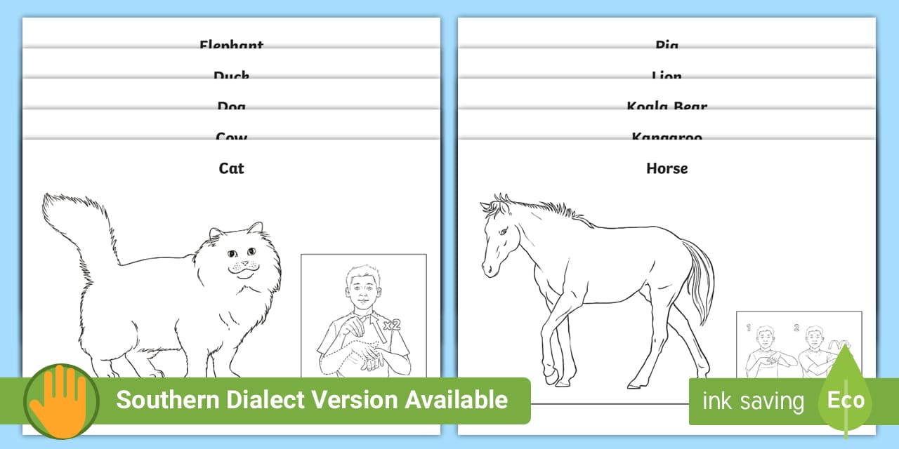 Auslan Animals Colouring Pages - sign language, deaf, fine motor skills ...