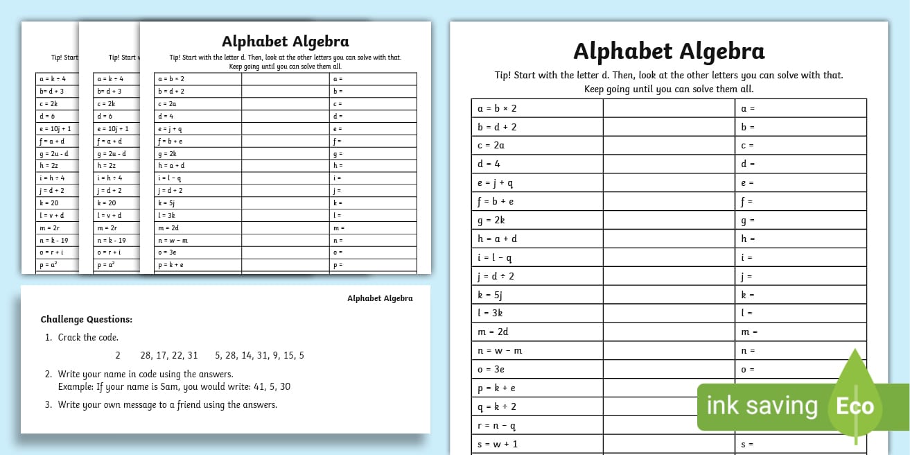 Basic Algebra Worksheets | Algebra Alphabet Primary Resource
