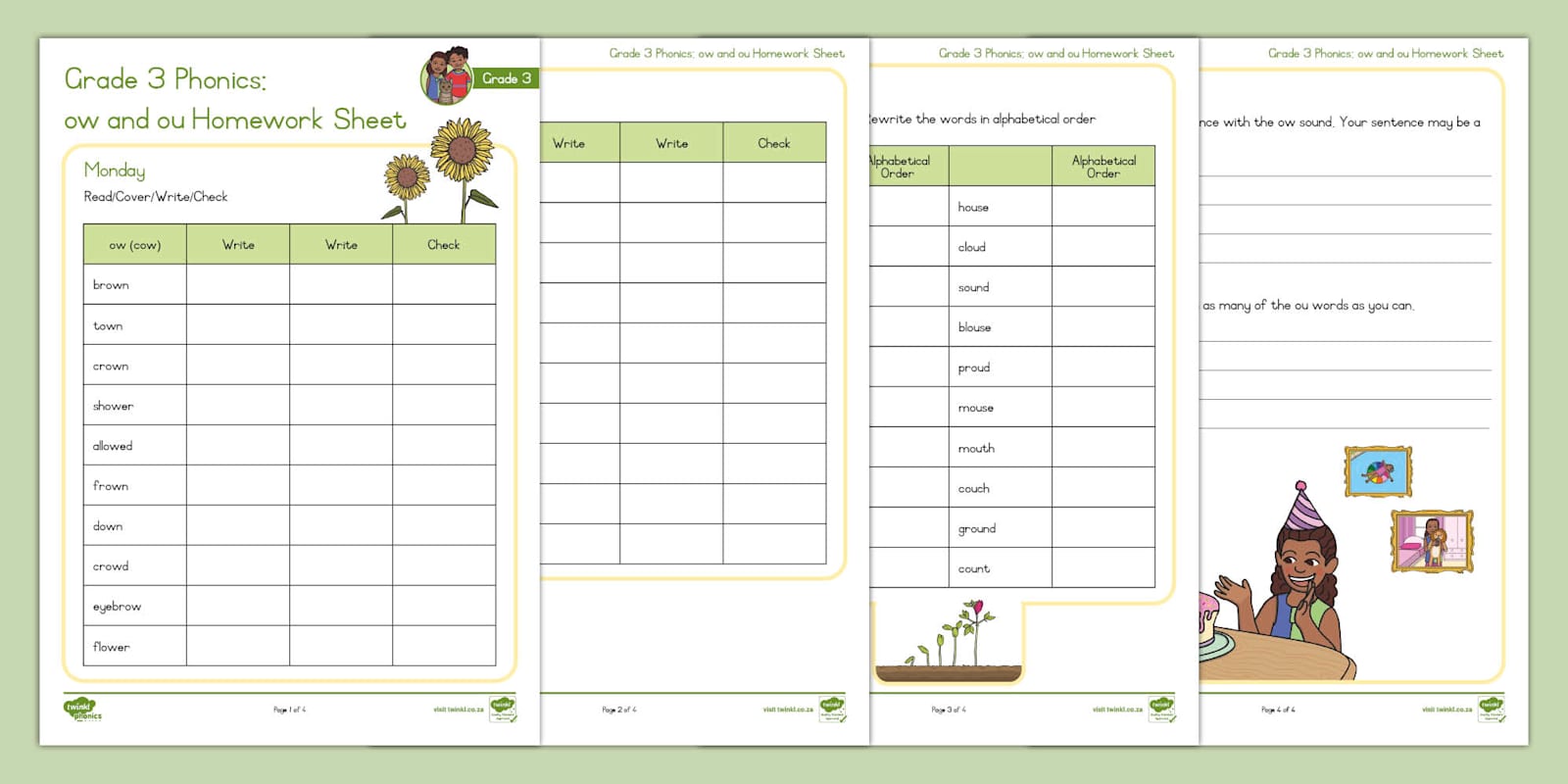 Grade 3 Phonics: ow (cow) ou (found): Homework Sheet