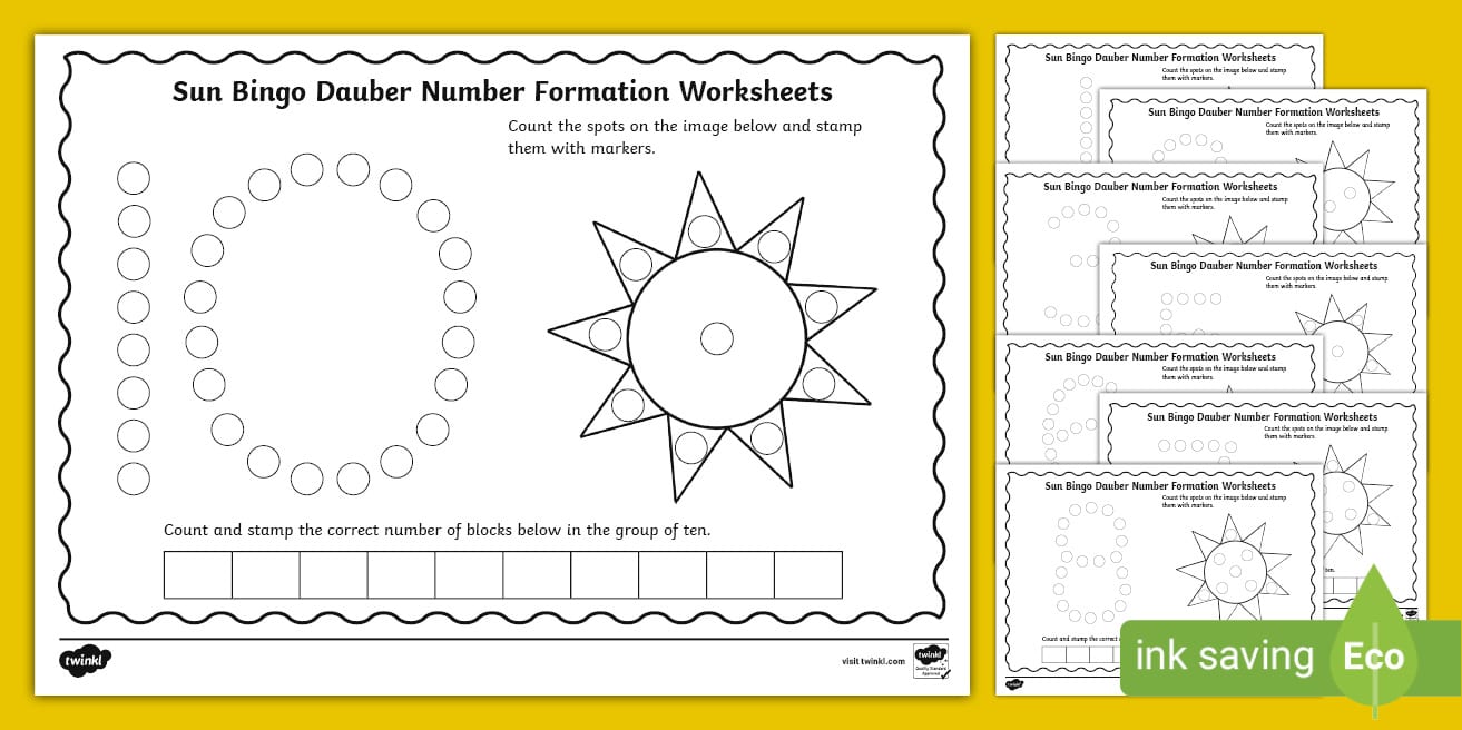 Sun Bingo Dauber Number Formation Worksheets