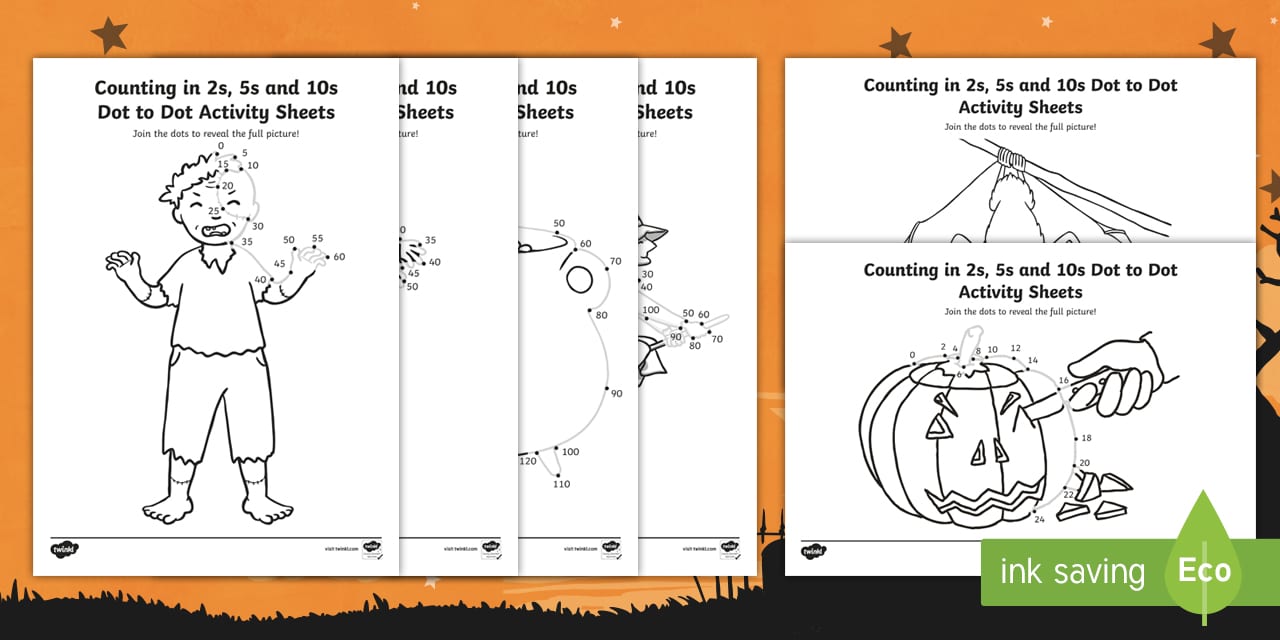 Halloween Themed Counting in 2s, 5s and 10s Dot to Dot Worksheet