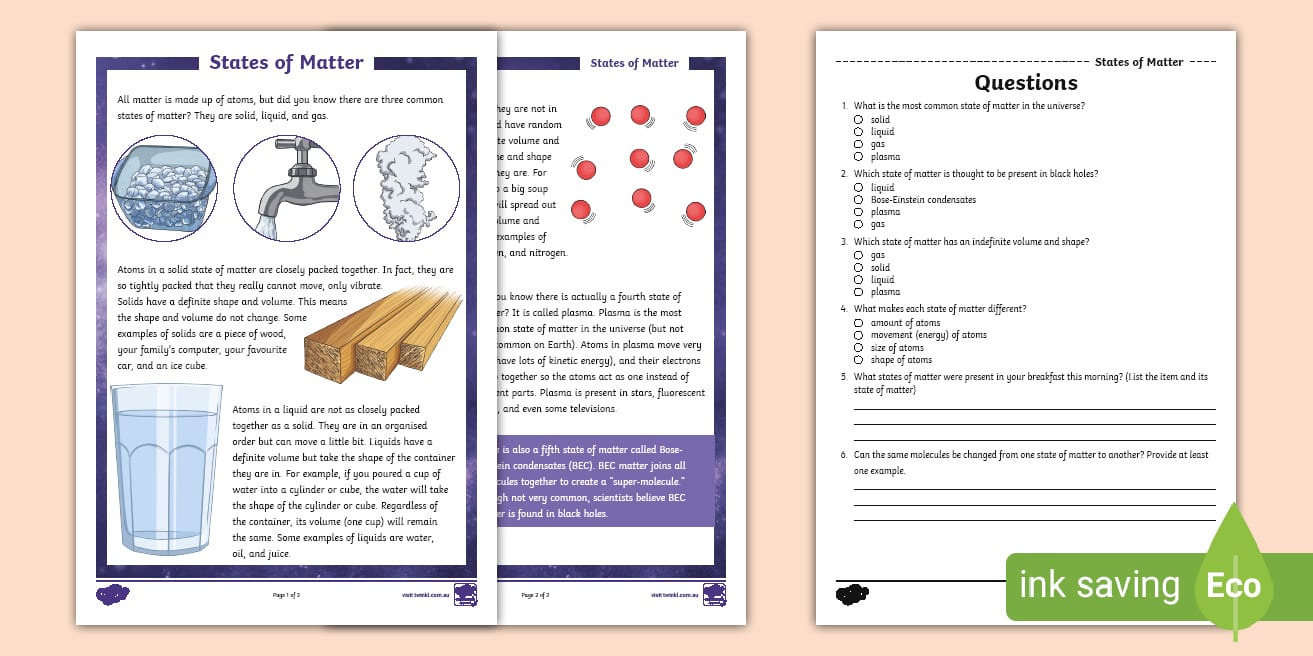 States of Matter Reading Comprehension Activity