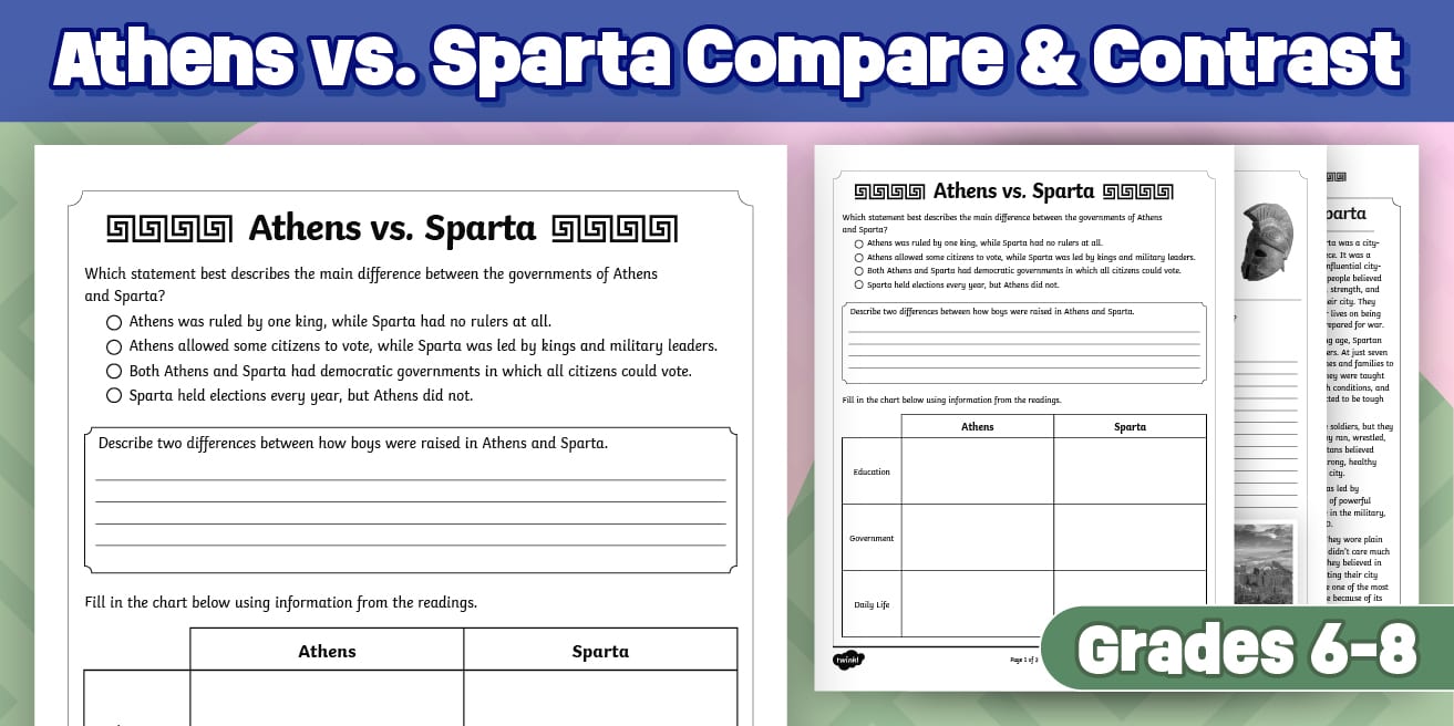 Athens vs. Sparta Compare and Contrast Worksheet for 6th-8th Grade