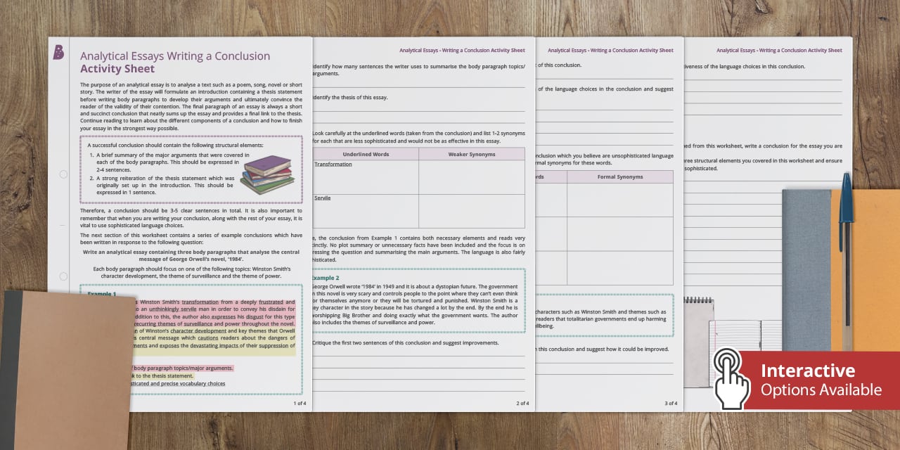 Analytical Essays Writing a Conclusion Activity Sheet