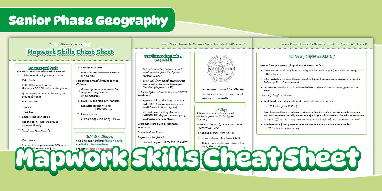 Senior Phase - Geography - Mapwork Skills Cheat Sheet (CAPS Aligned)