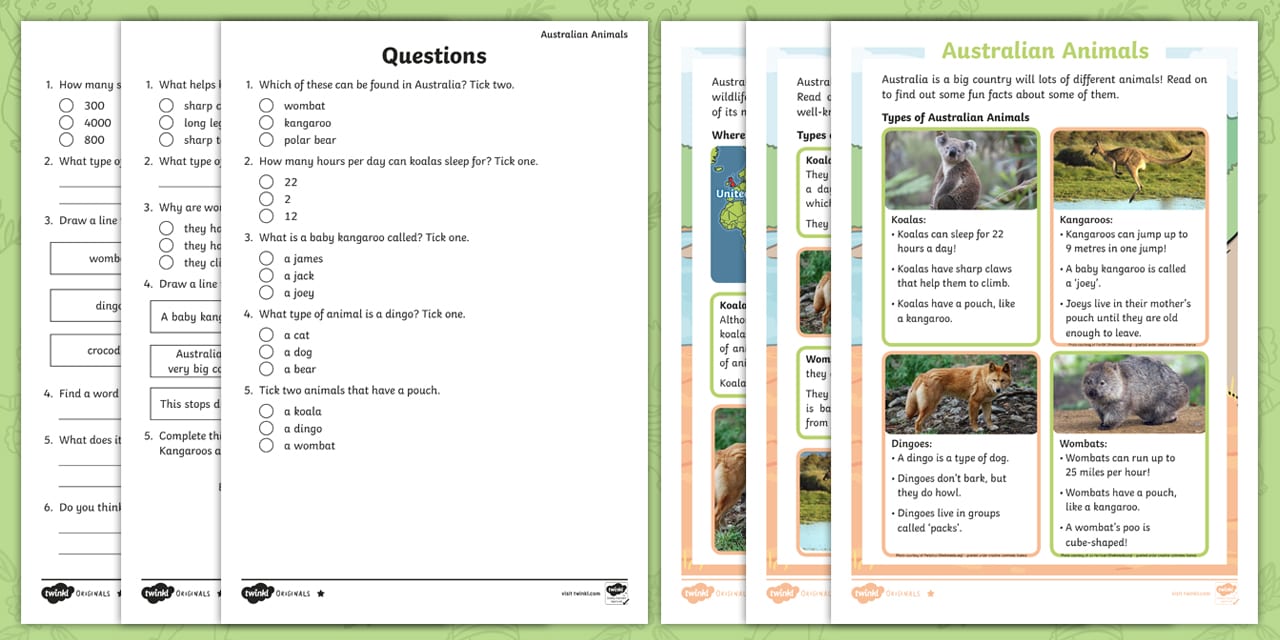 Year 2 Australian Animals Non-Fiction Reading Comprehension Activity