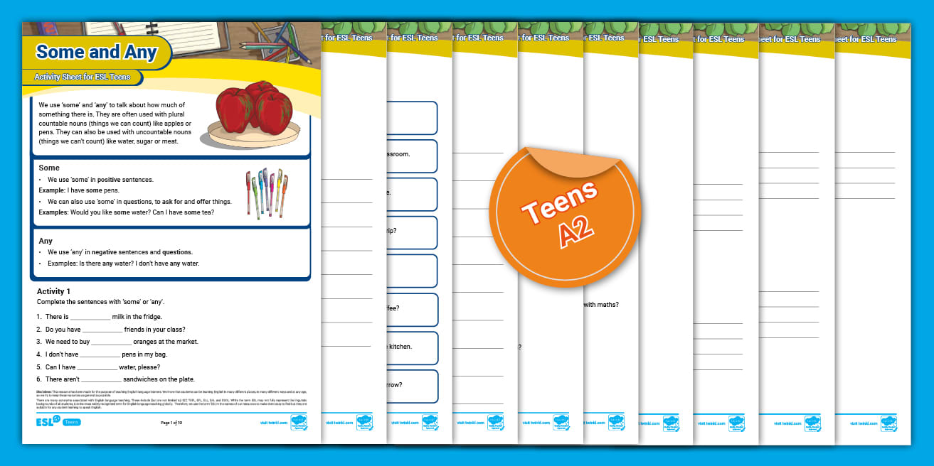 ESL Some and Any Activity Sheet for Teens