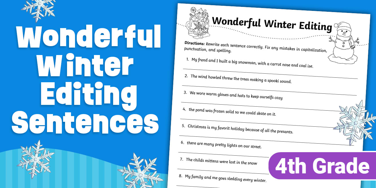 Fourth Grade Wonderful Winter Editing Sentences Worksheet
