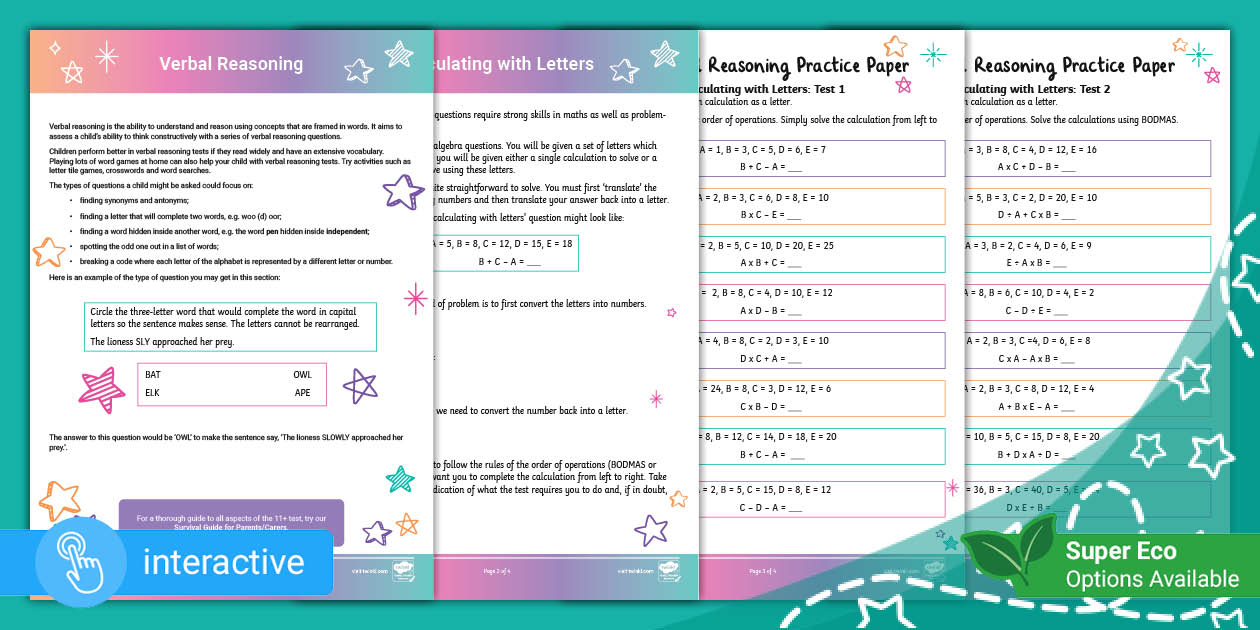 11+ Verbal Reasoning Practice Paper: Calculating with Letters