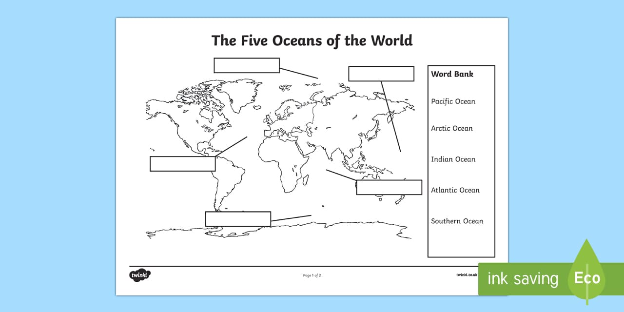 Five Oceans on World Map | Oceans Map | Labelling Activity