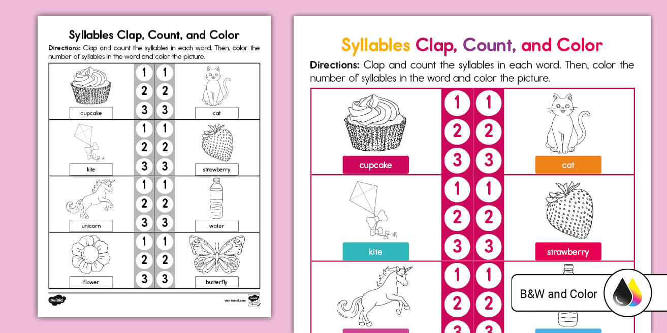 Kindergarten Syllables Clap, Count, and Color Worksheet