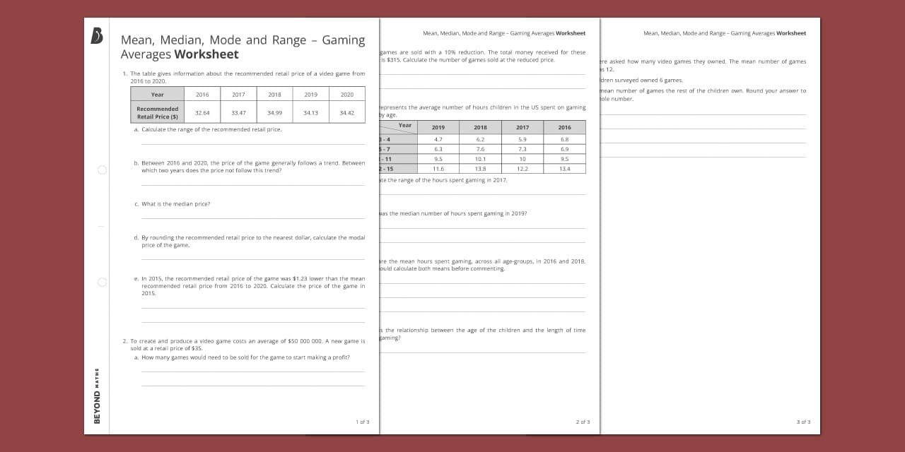 Mean, Median, Mode and Range (Gaming Averages Worksheet)