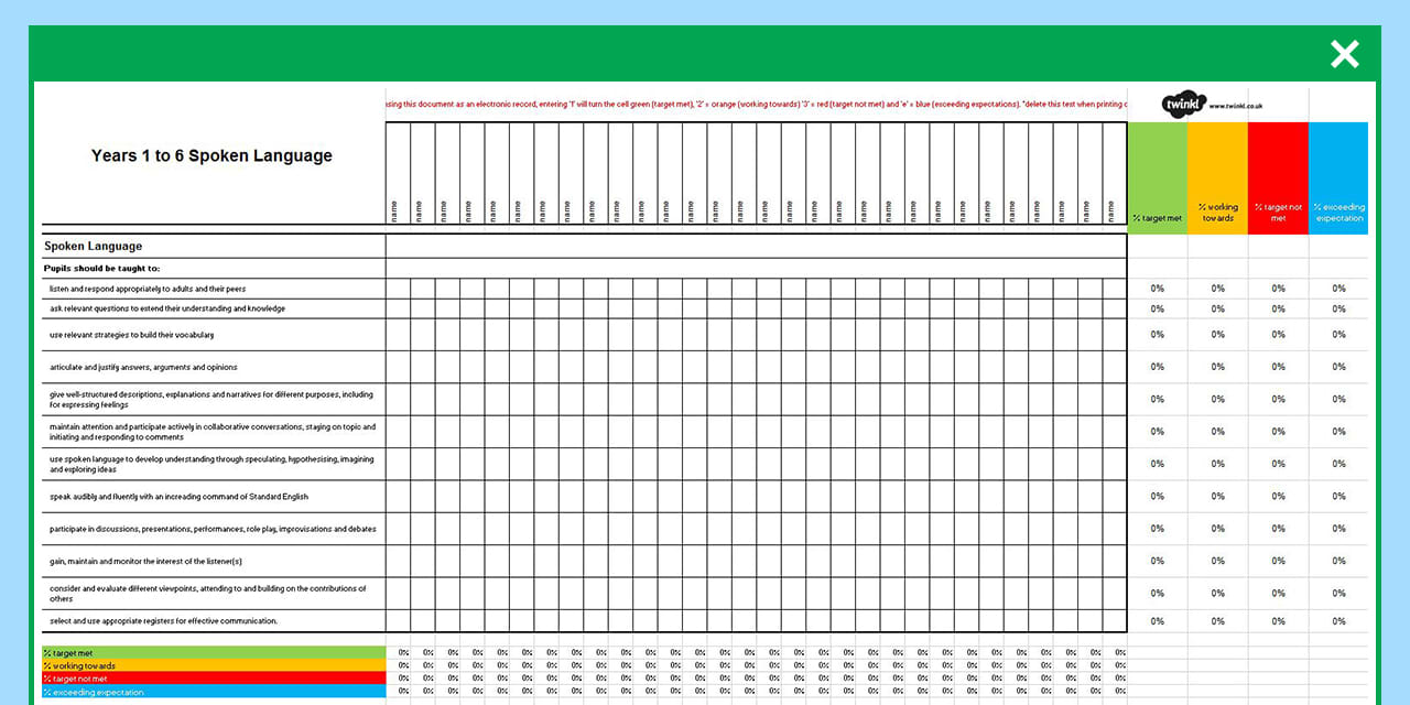 Year 1-6 Reading, Writing, Speaking and Listening Assessment Spreadsheet
