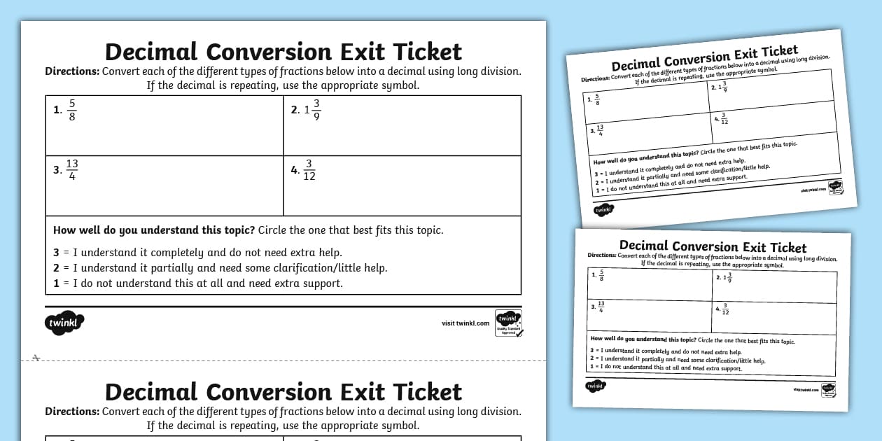 Seventh Grade Decimal Conversion Exit Ticket