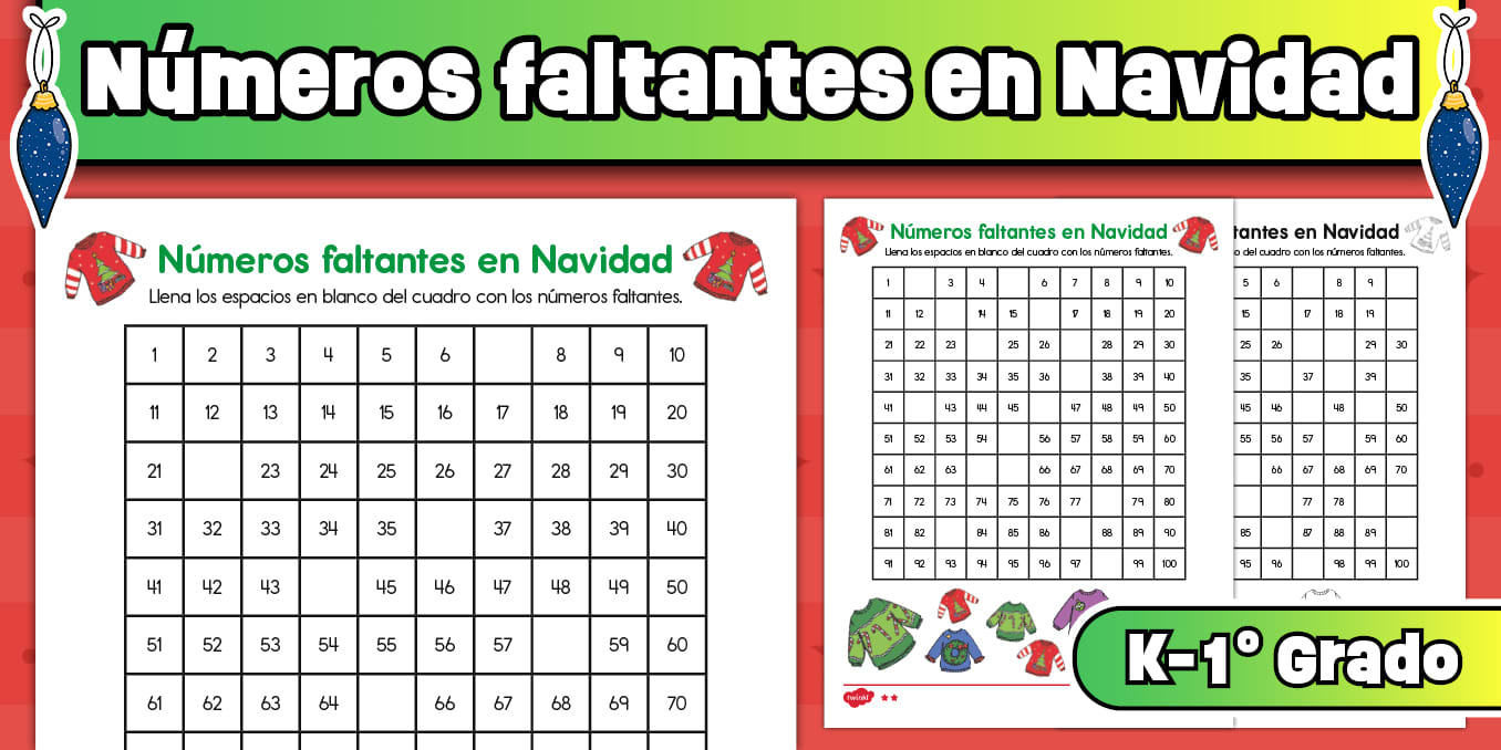 Actividad de Navidad de números faltantes hasta el 100