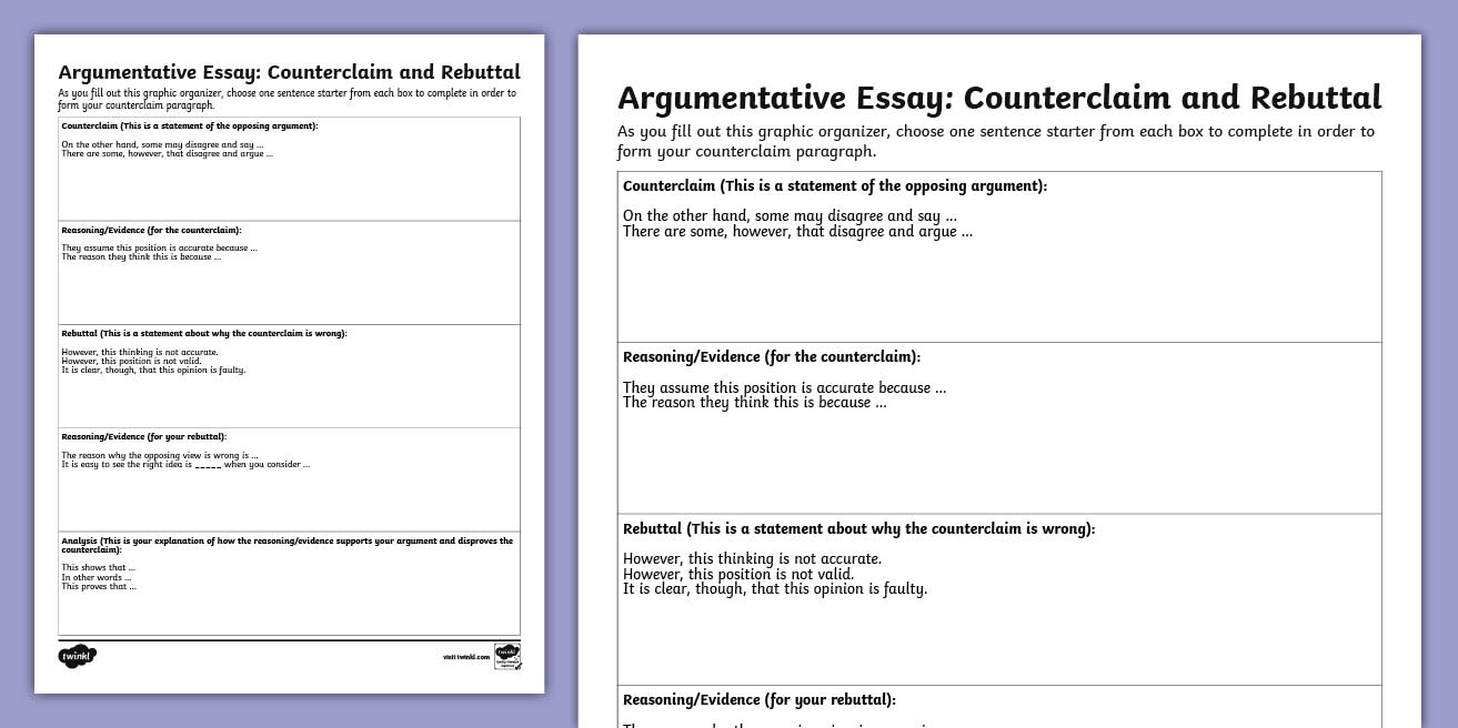 Argumentative Essay Counterclaim Graphic Organizer for 6-8 G