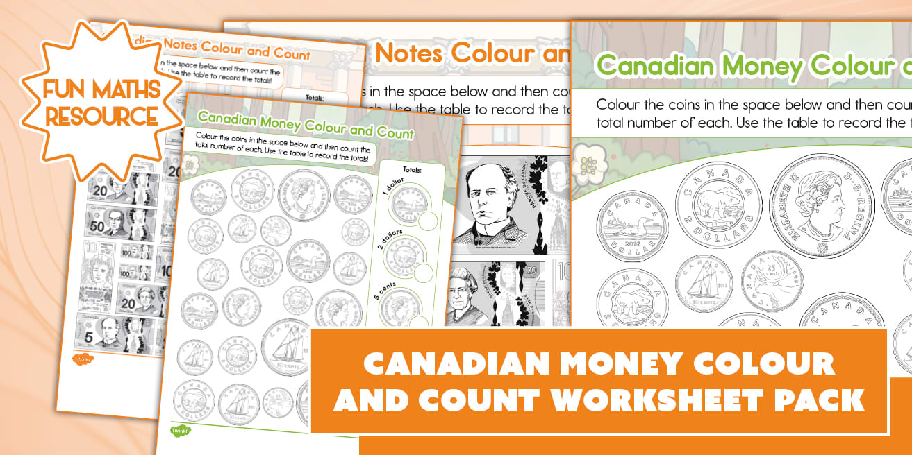 Canadian Money Colour and Count Worksheet Pack