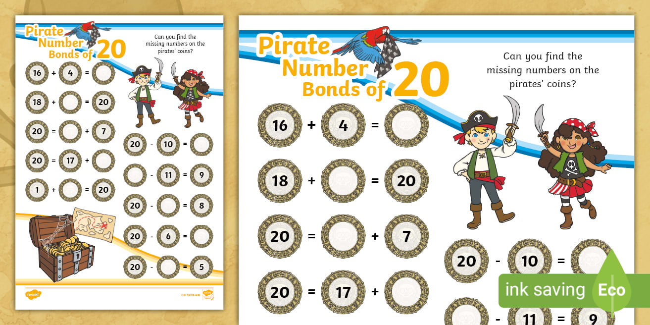 Pirate-Themed Number Bonds to 20 Worksheet