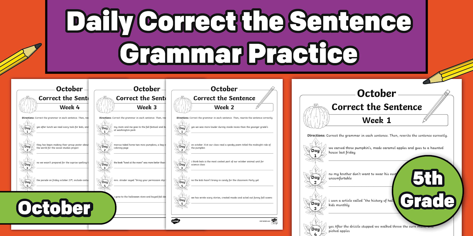 Fifth Grade October Daily Correct the Sentence Grammar Practice