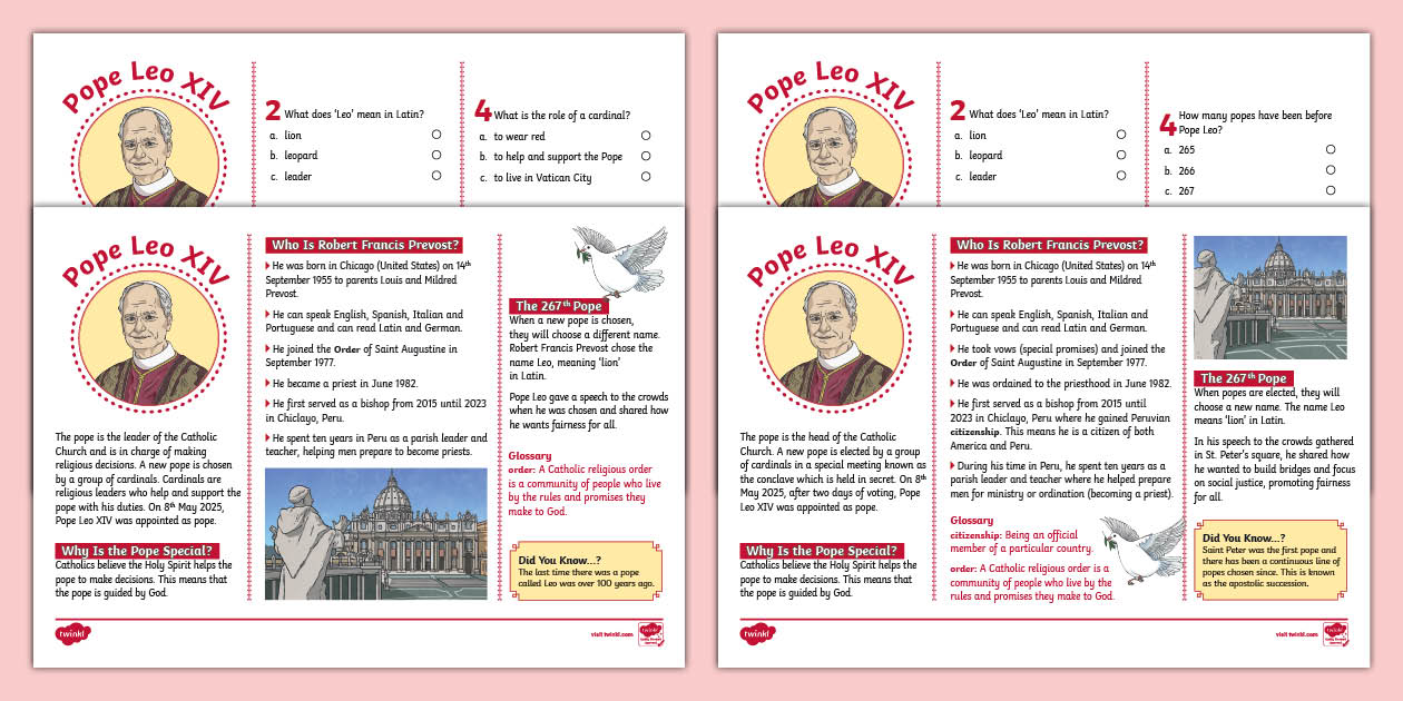 KS2 Pope Leo XIV Fact File and Quick Quiz
