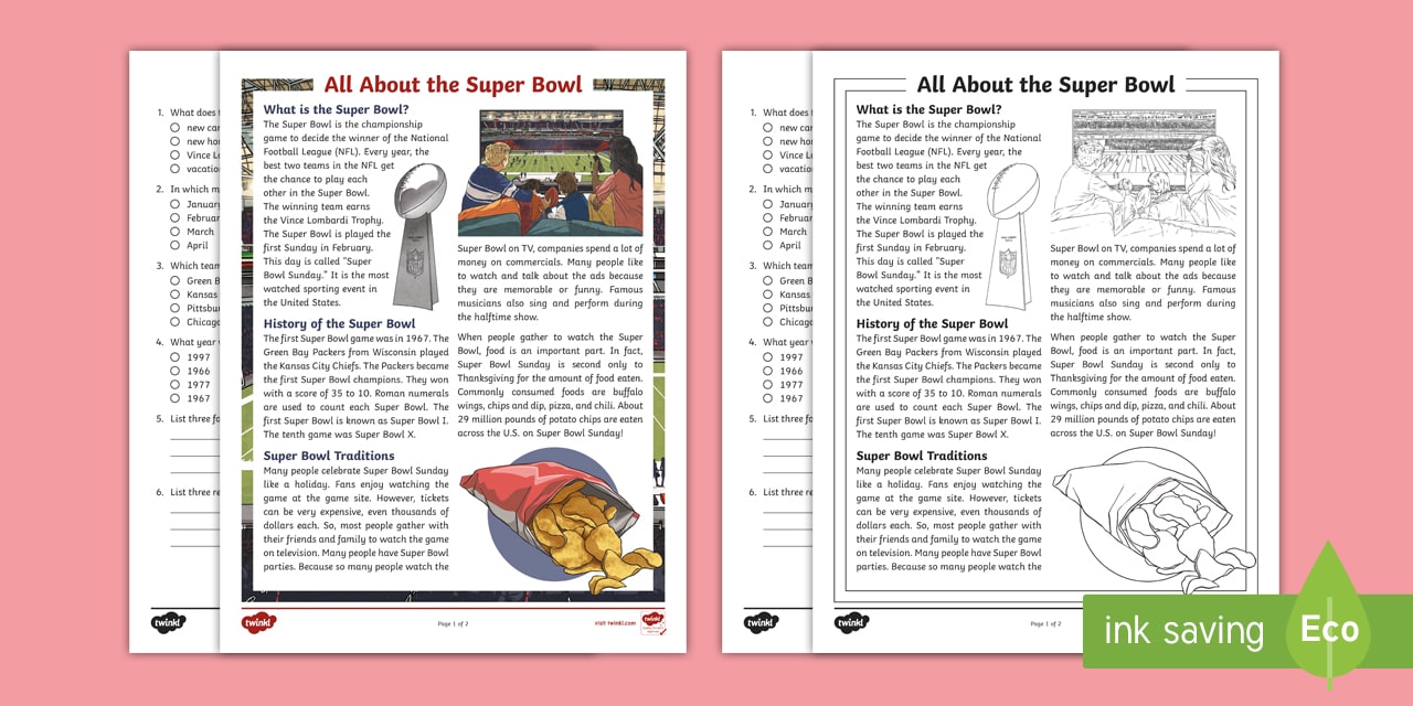 Fourth Grade Super Bowl Reading Comprehension | Twinkl