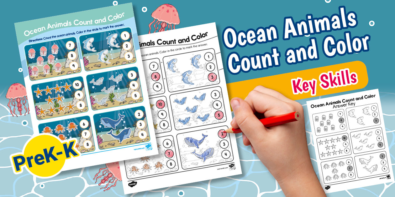 Ocean Animals Count and Color to 10 Worksheet