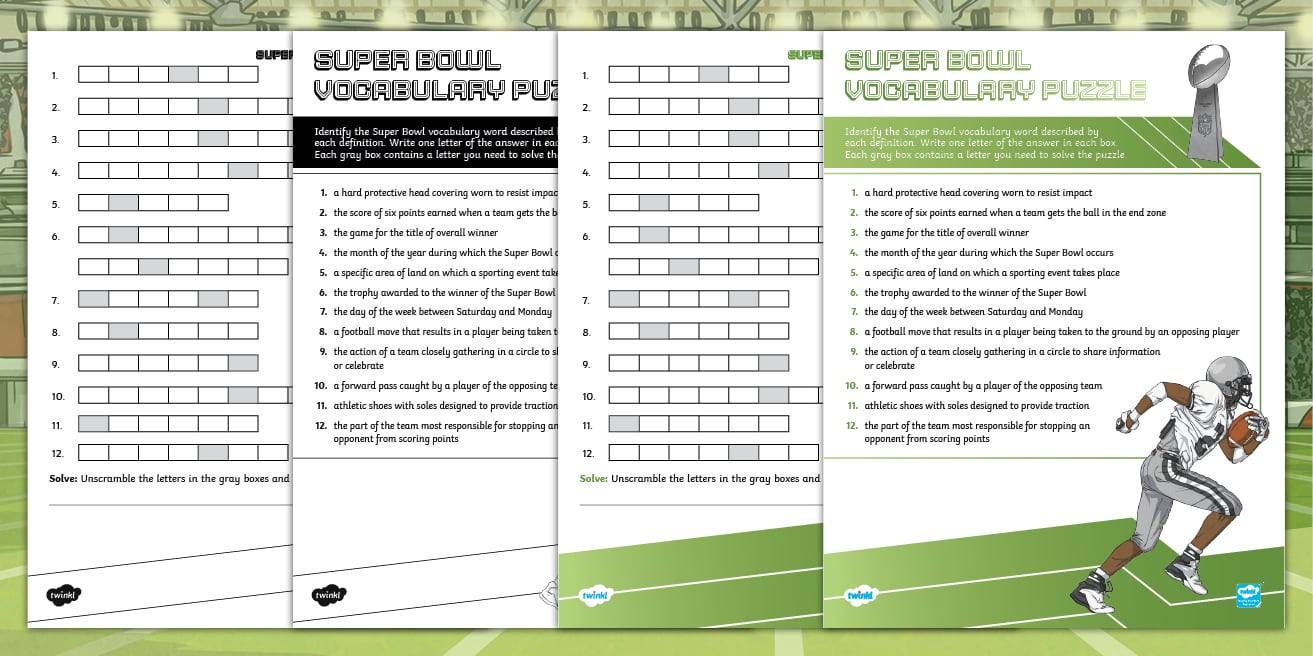 Super Bowl Vocabulary Puzzle Worksheet for 6th-8th Grade