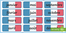 French Months of the Year Word Cards English Translation