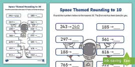 Dinosaur Themed Rounding To 10 Worksheet