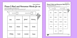 Phase 5 'ea' Flashcards Real and Nonsense Words