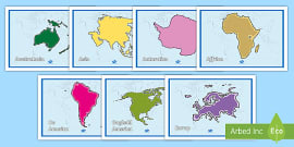 Map o’r Byd gydag Enwau’r Cyfandiroedd a’r Cefnforoedd