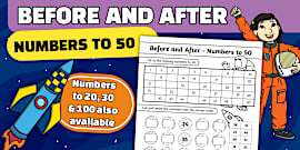 First Grade Before and After - Numbers to 50 Worksheet