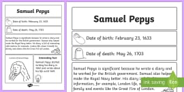 KS1 All About Samuel Pepys Fact File Worksheet - Twinkl